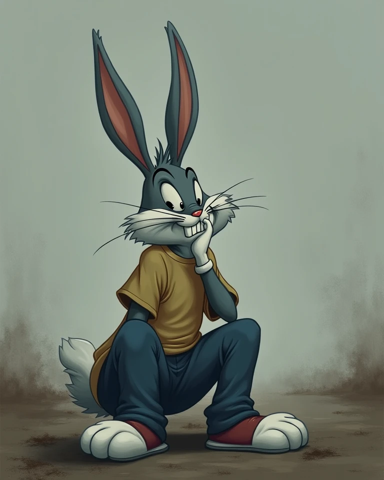Create me an image of Bugs Bunny wearing pants and shirt sitting in a ...