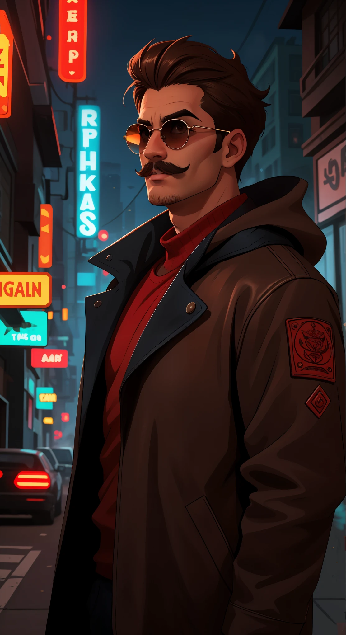 There is a man with a mustache and a moustache standing in a city ...