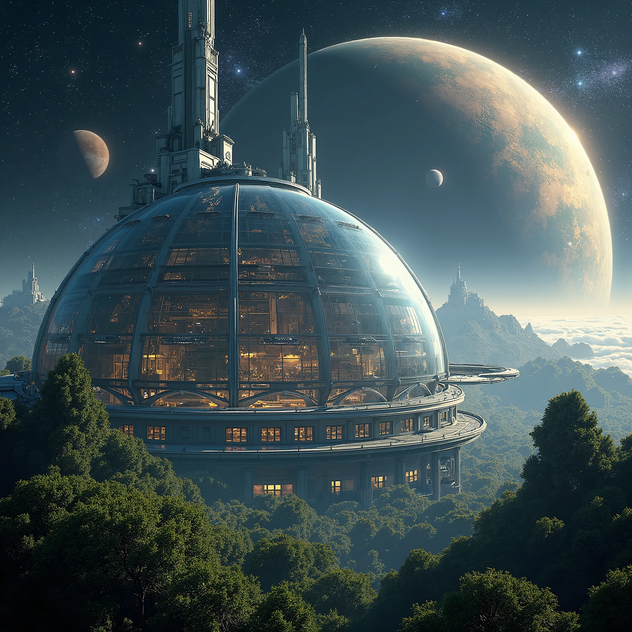 Spaceship flying over a futuristic city with a planet in the background - SeaArt AI