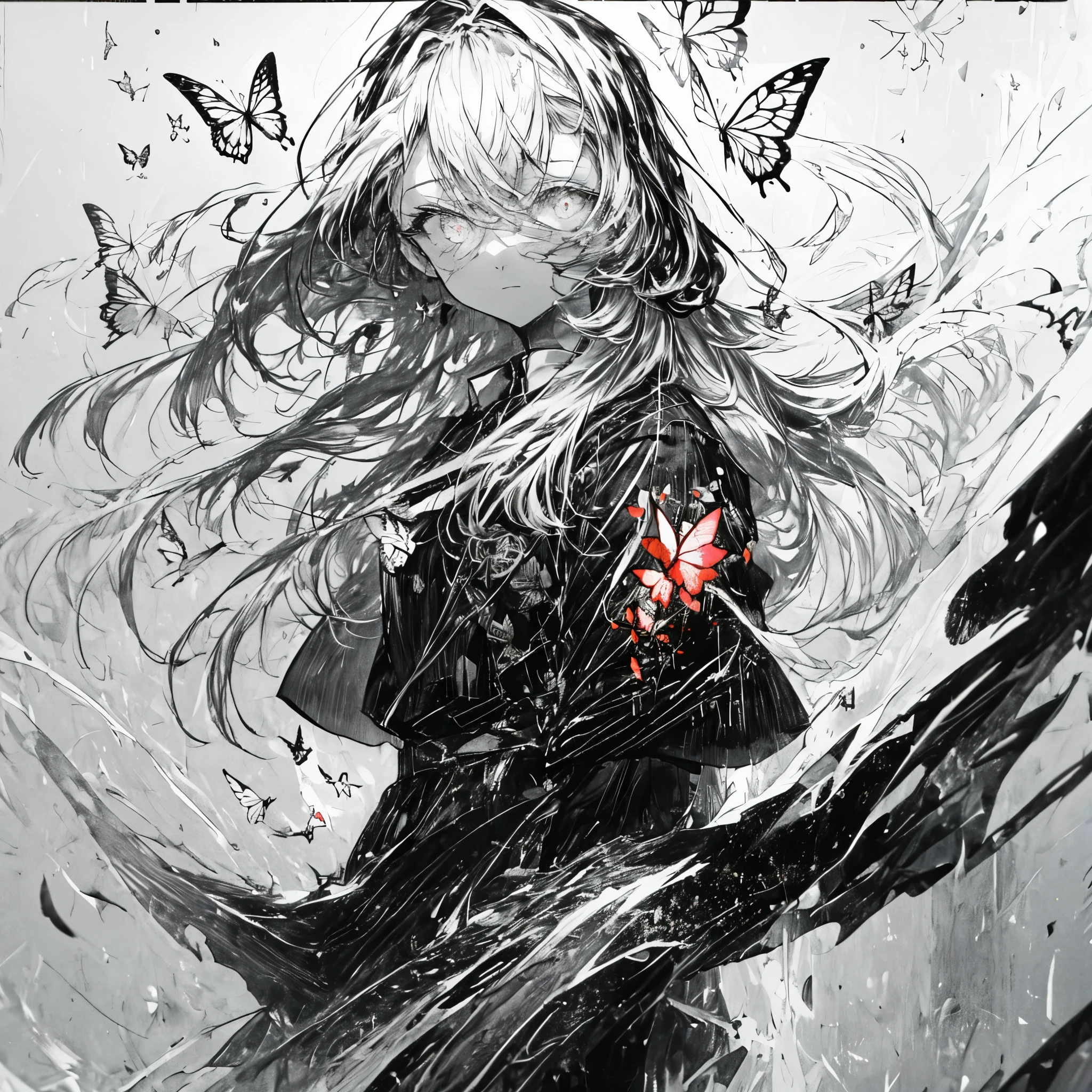 Anime girl with butterfly wings and a black and white background ...
