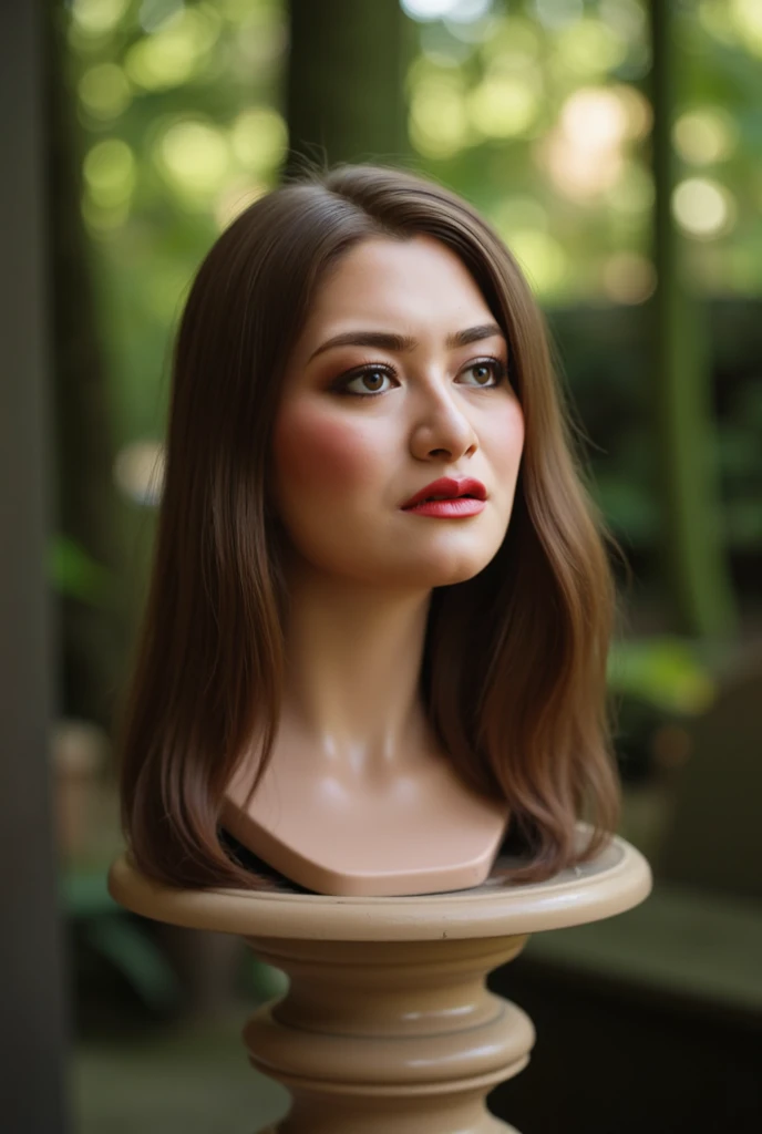 ((Disembodied head statue)), woman head on a pedestal, wearing makeup ...