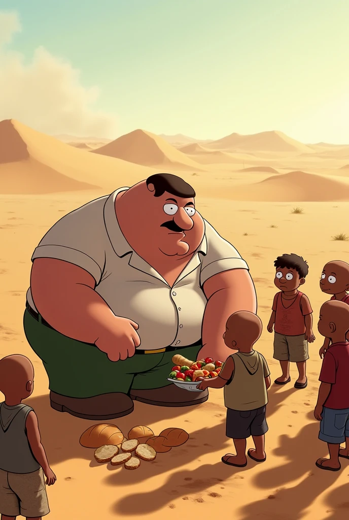 Peter Griffin, giving food to little bald black boys in the desert ...