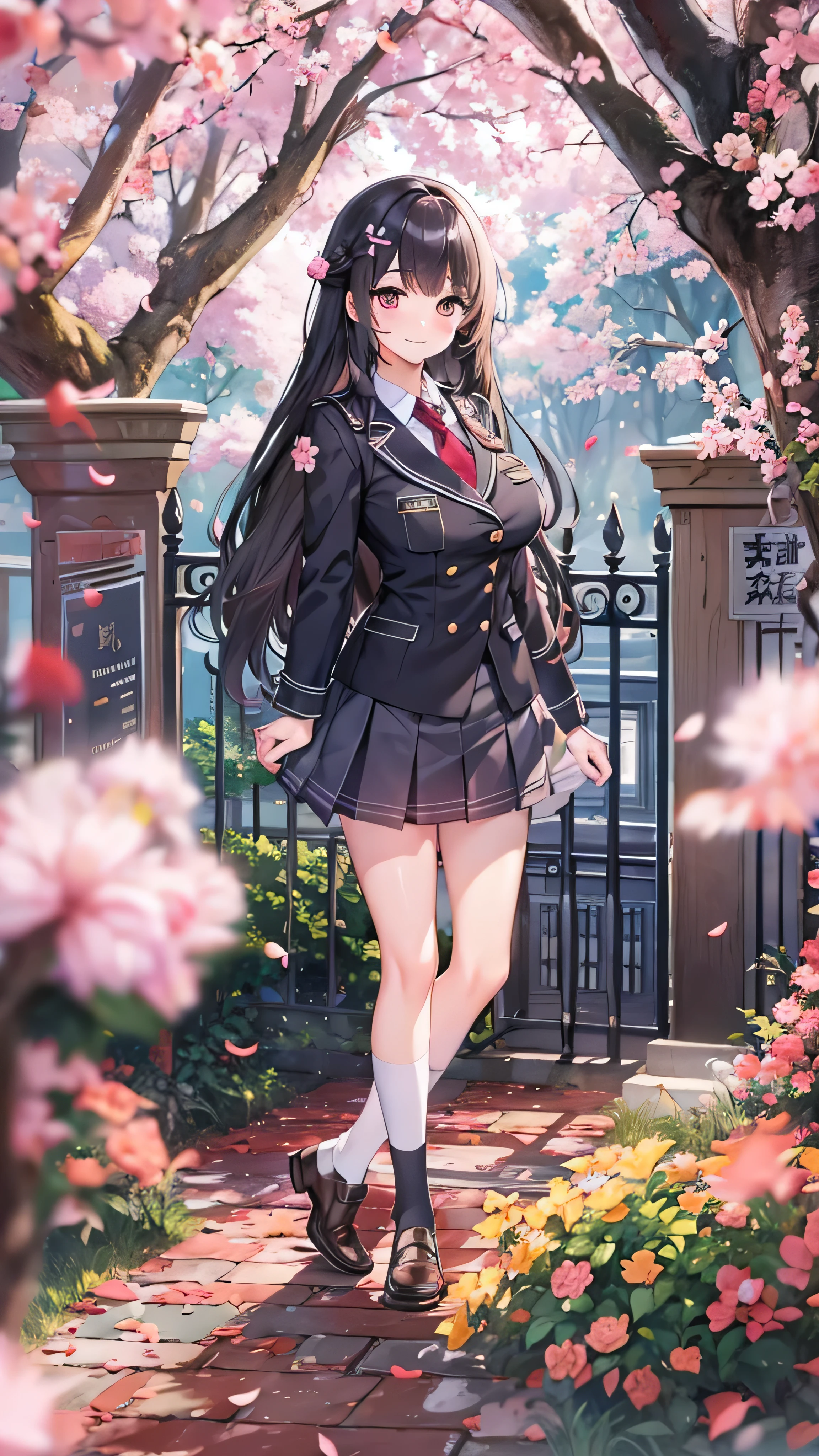 Anime girl in uniform walking in a garden with flowers - SeaArt AI