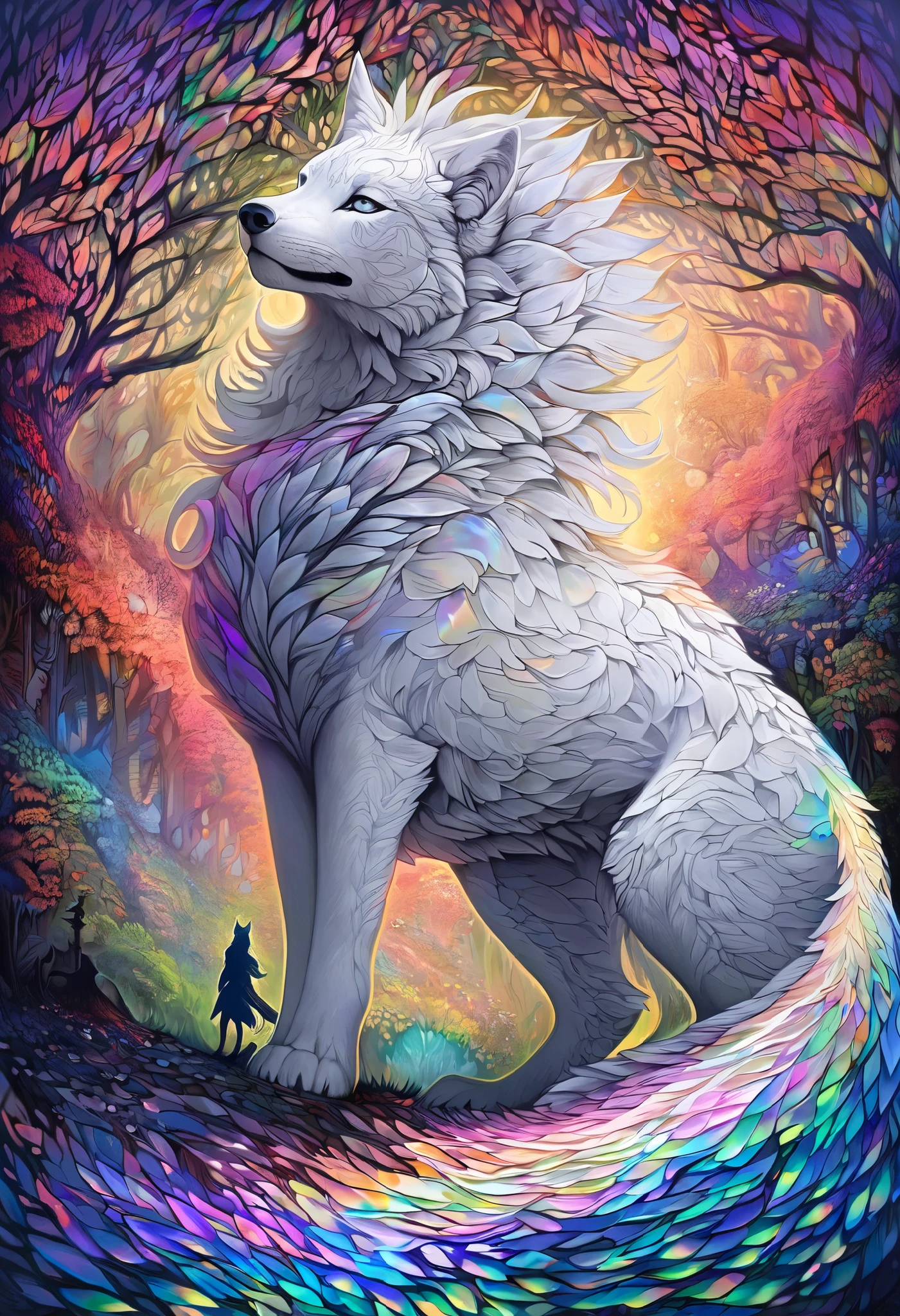 Painting of a wolf with a person walking in the background - SeaArt AI
