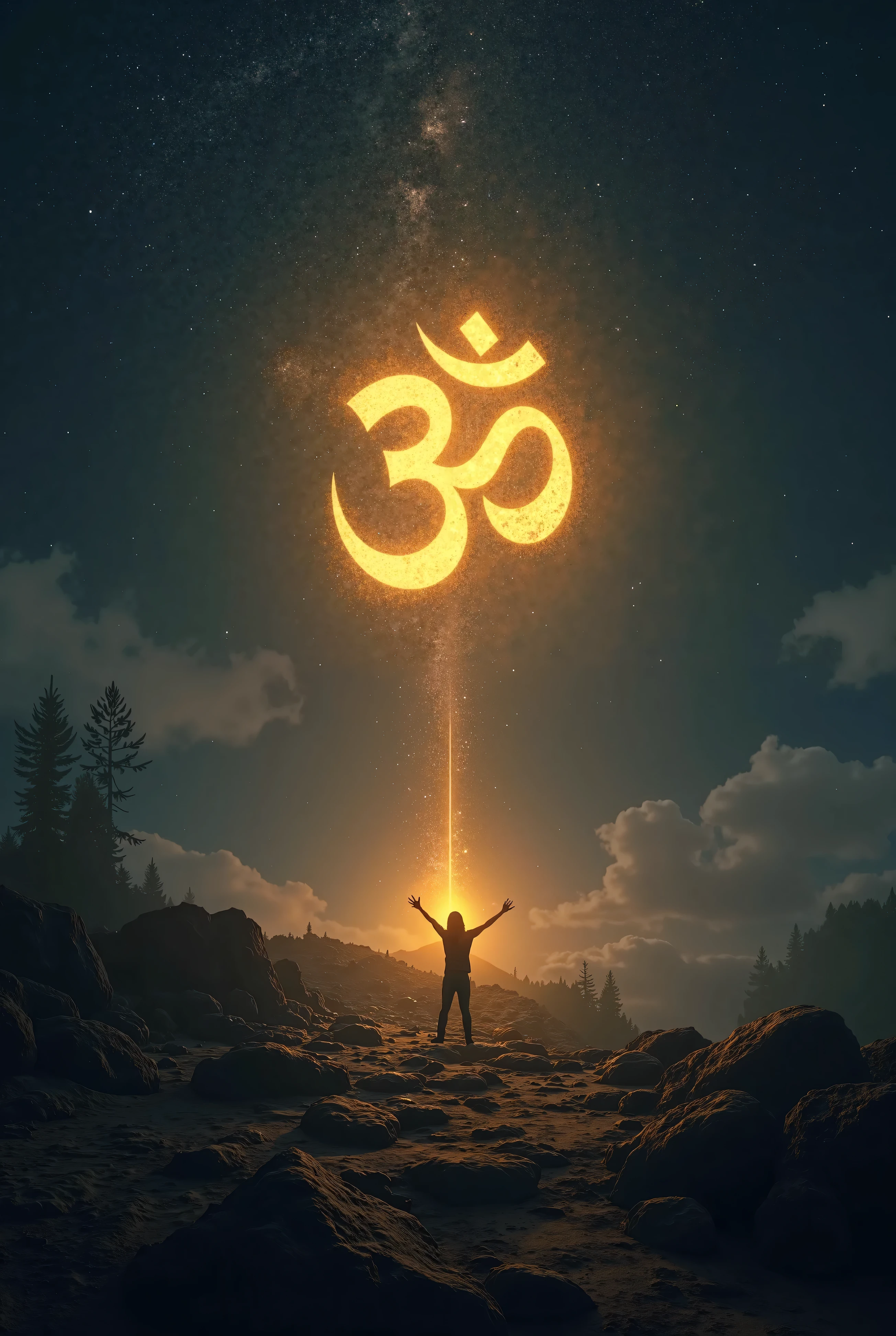 There is a man standing on a hill with a glowing om sign - SeaArt AI