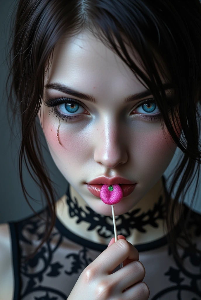 Cool beauty, cool gaze, cold stare, looking down, licking a Chupa Chups ...