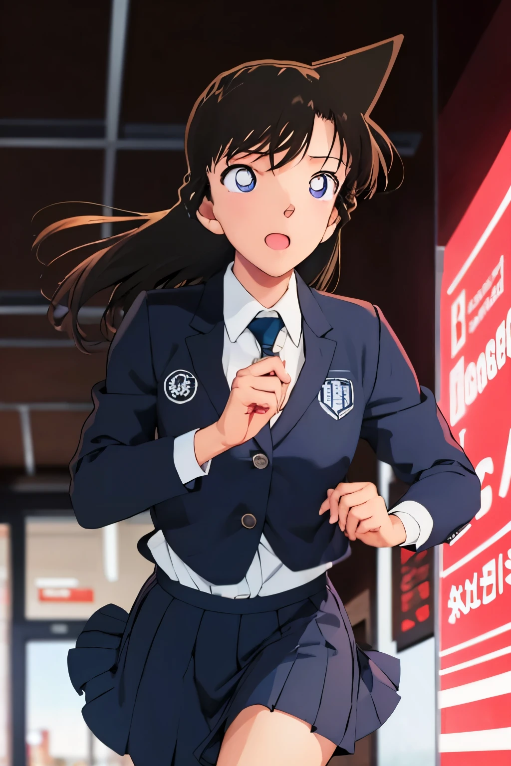 Anime girl in uniform running in front of a sign - SeaArt AI