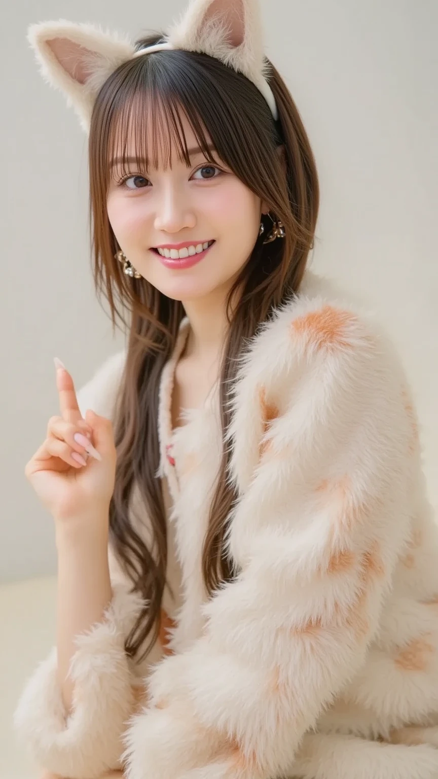 "A cute young woman with cat-like features, wearing fluffy cat ears and ...