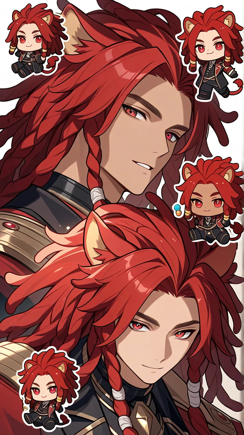 A handsome man with dreadlock-style red hair and red eyes has ears like ...