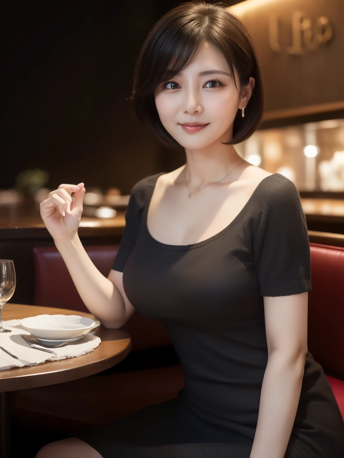 Woman sitting at a table with a glass of wine in front of her - SeaArt AI