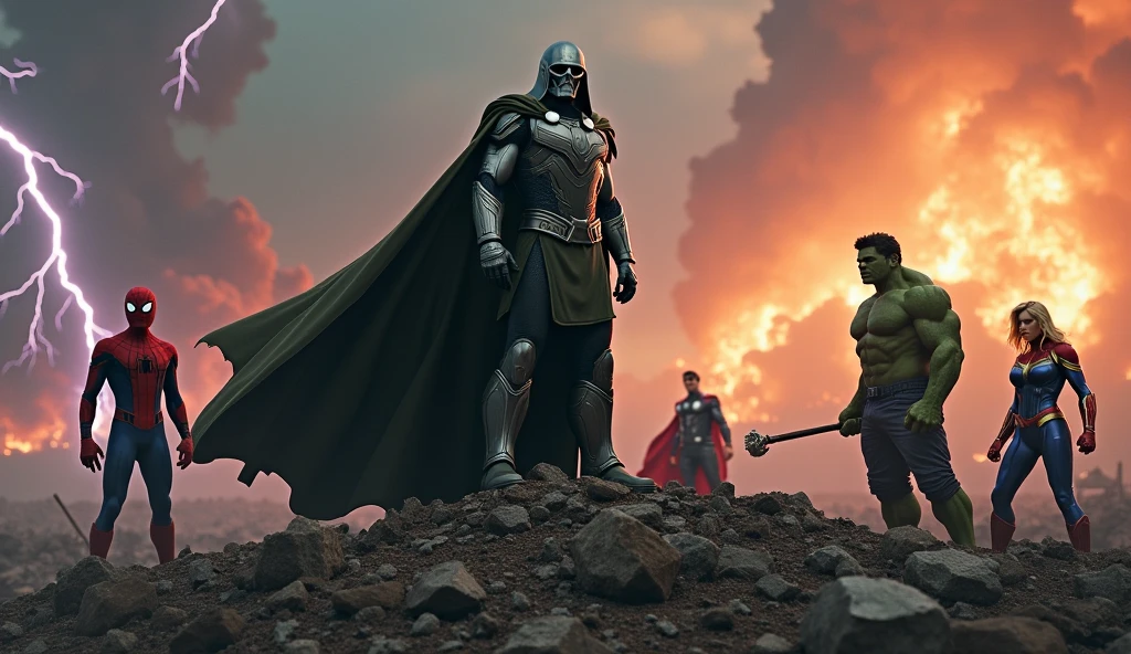 Doctor Doom is standing on a pile of wreckage , wearing his iconic ...