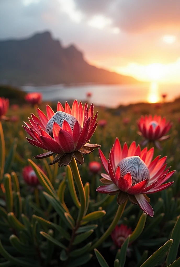 Please generate a 3d realistic square image of protea flowers in their ...