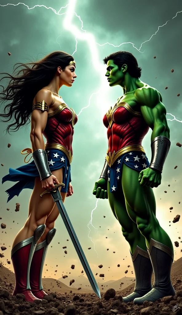 "A high-intensity scene featuring Wonder Woman and She-Hulk standing ...