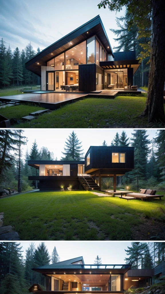 A black house in the forest s with a lot of windows, minimalistic house ...