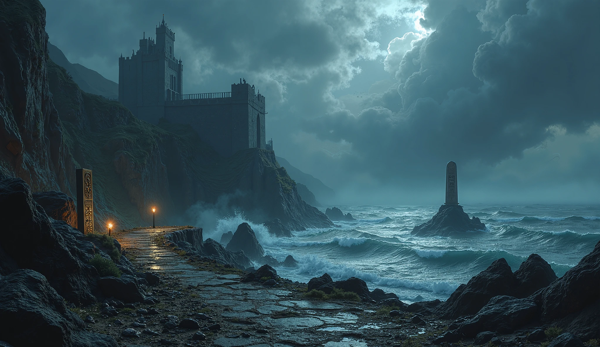 There is a lighthouse on a rocky shore with a dark sky - SeaArt AI