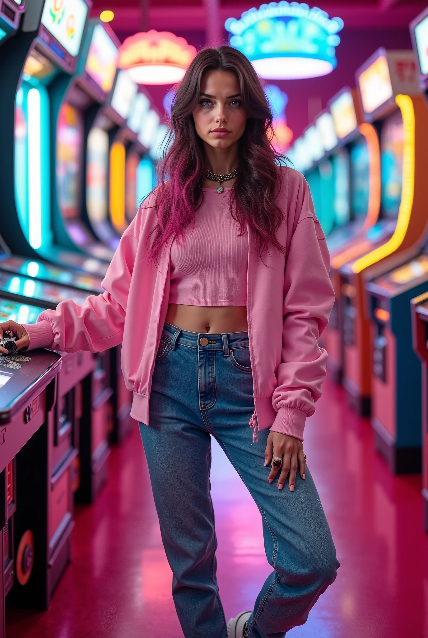 Arafed woman in pink jacket standing in front of a row of arcade ...