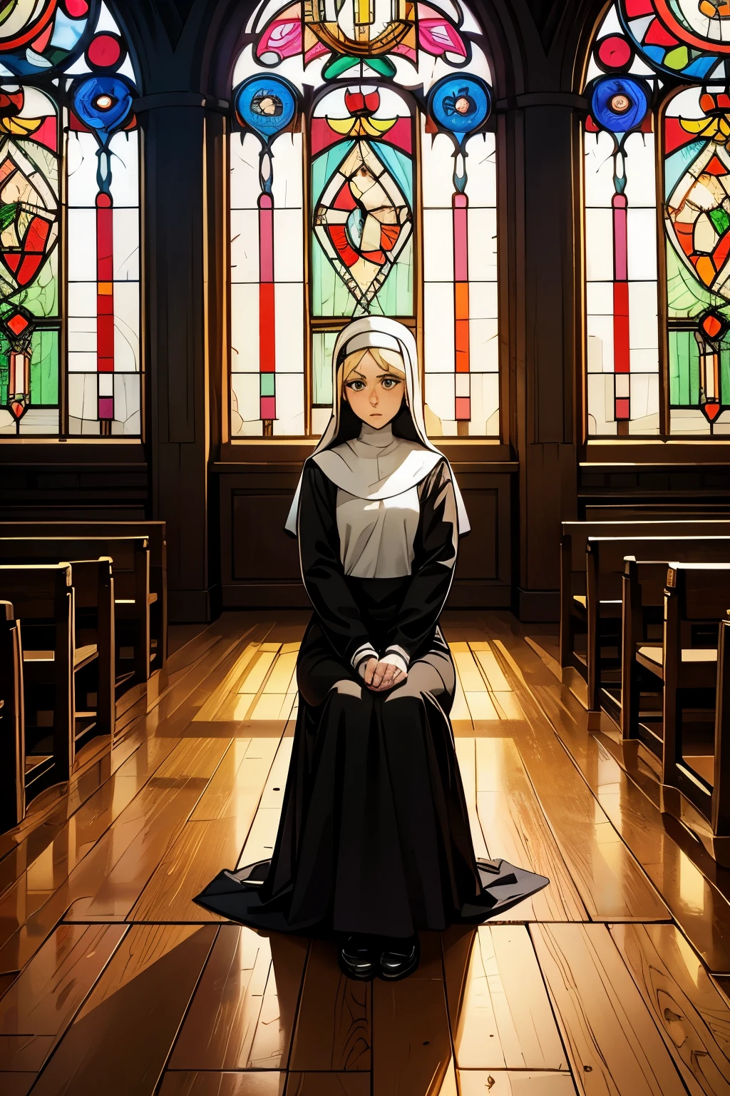 Arafed image of a nun sitting in a church with stained glass windows ...