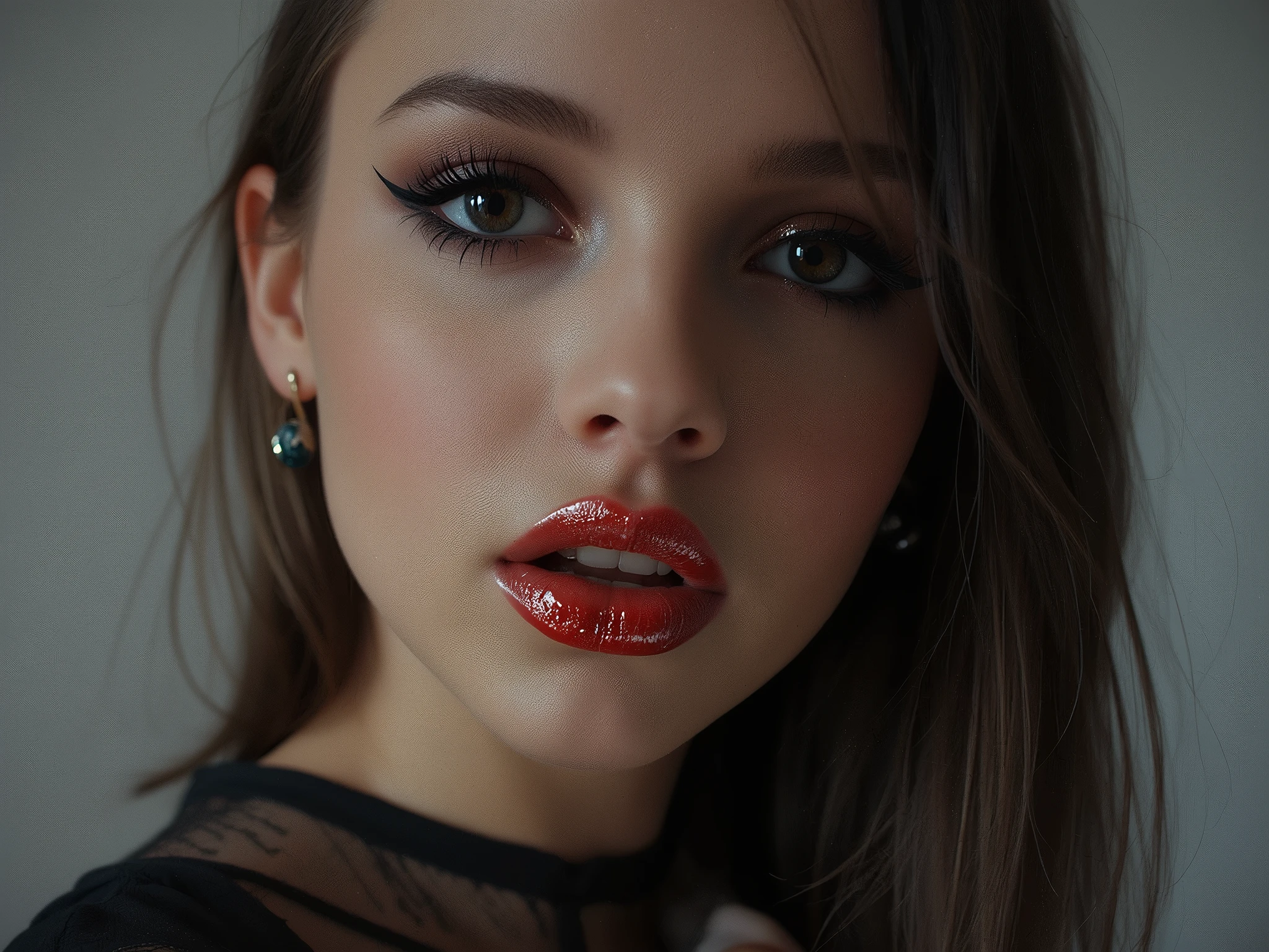 There is a woman with a red lipstick and a black top - SeaArt AI