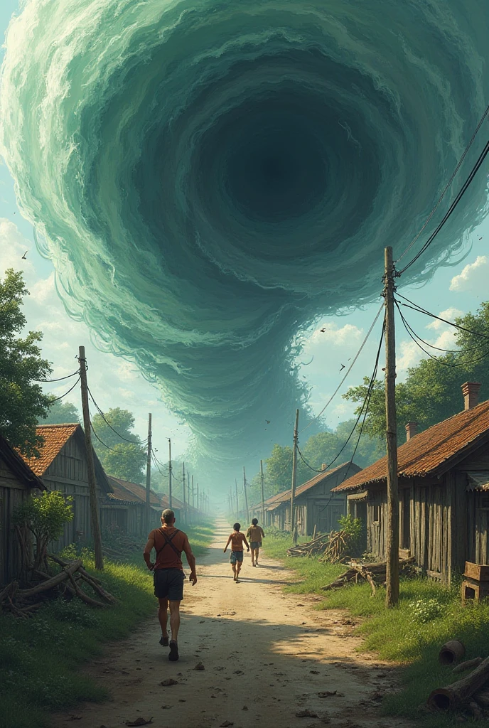 A whirlwind tearing through the village, trees uprooted, villagers ...