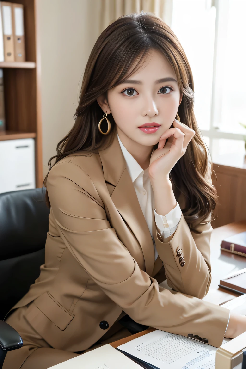 Arafed woman in a tan suit sitting at a desk with a laptop - SeaArt AI