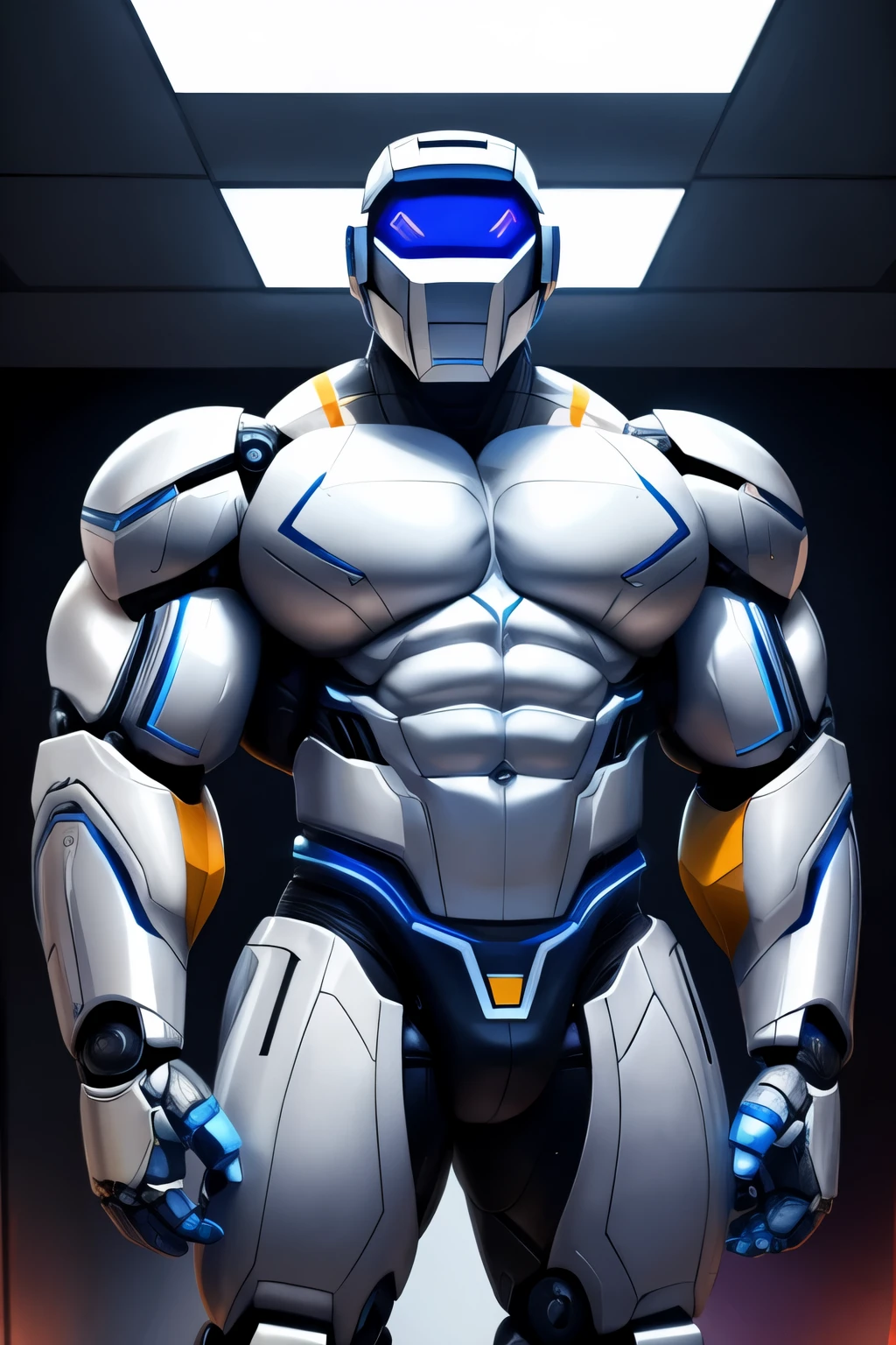 Arafed robot with a blue and yellow helmet standing in a room - SeaArt AI