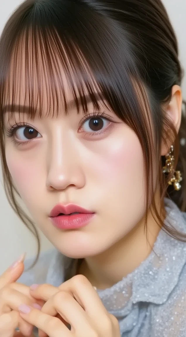 "A woman with puffed-up cheeks, giving an expression of frustration or ...