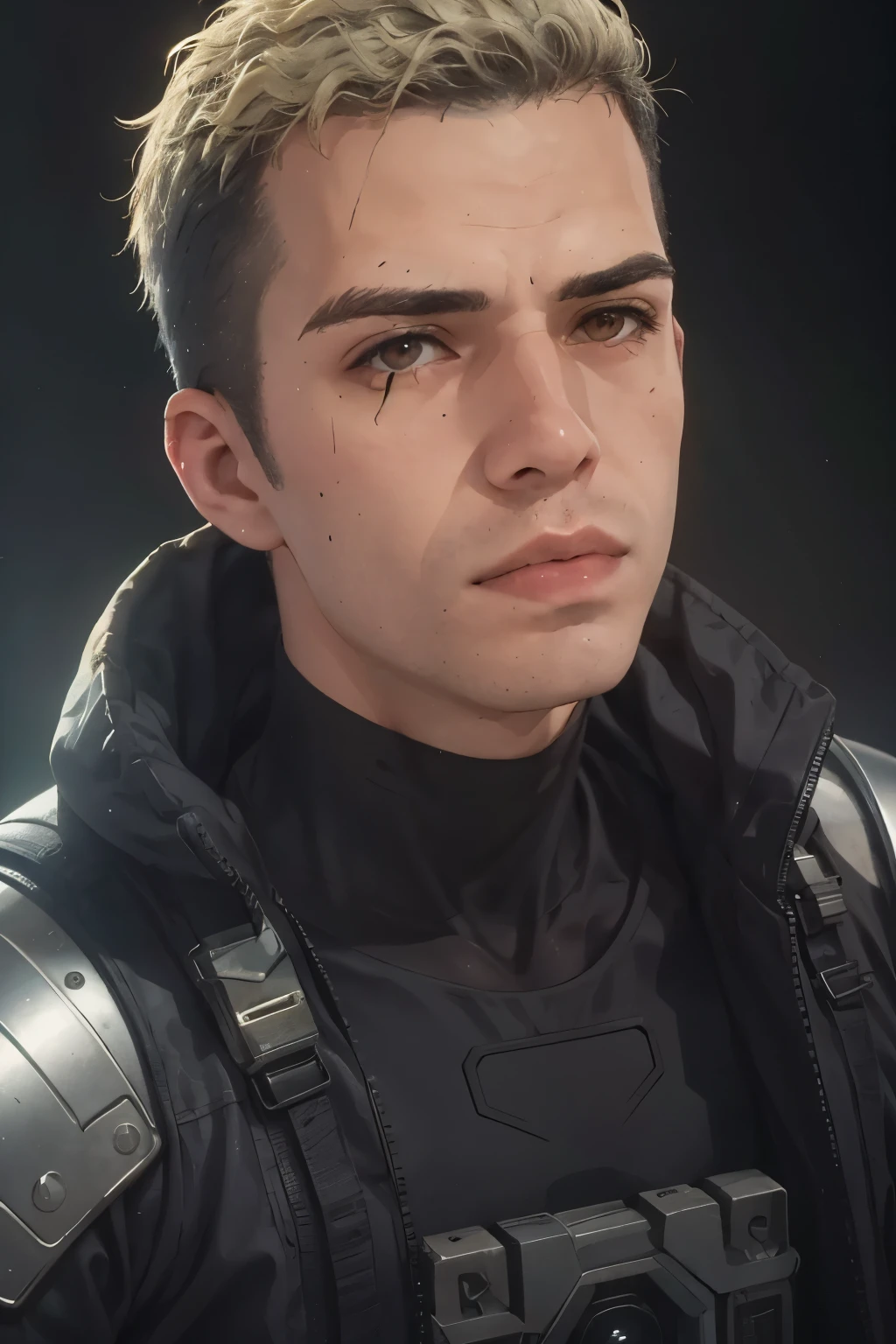 A close up of a man in a black jacket with a gun - SeaArt AI