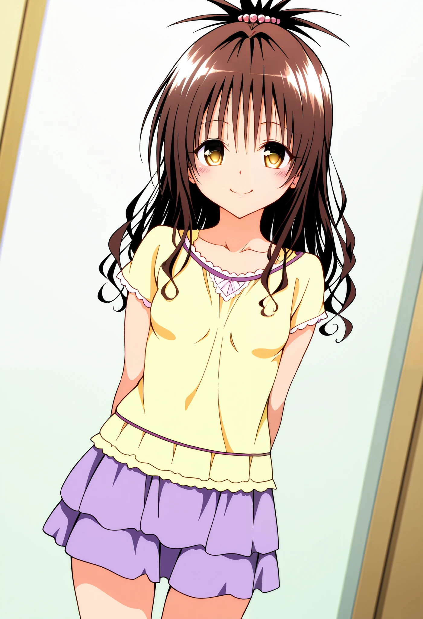 Anime girl with long hair and yellow shirt standing in front of a ...