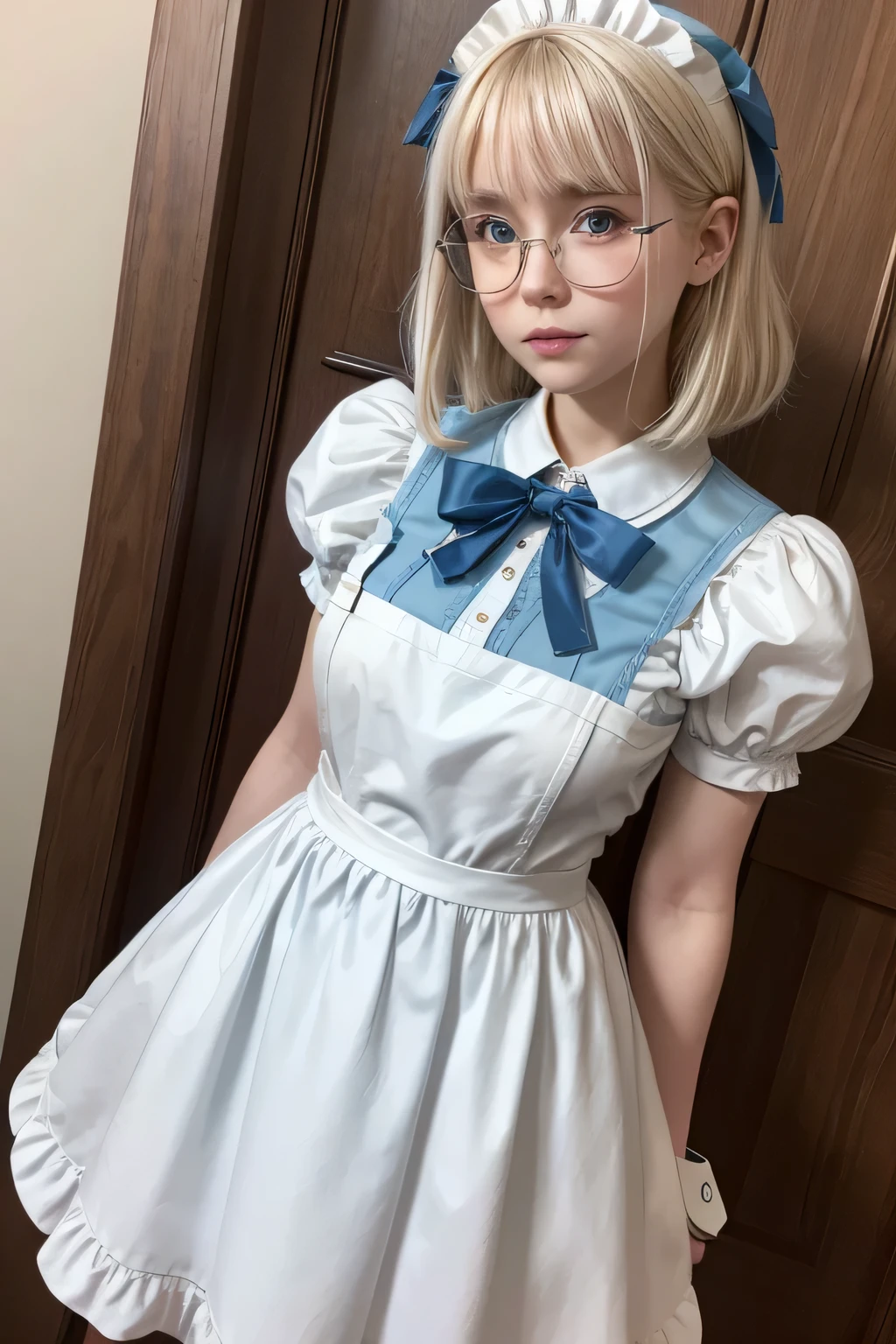 Blond haired girl in a white dress and blue bow tie - SeaArt AI