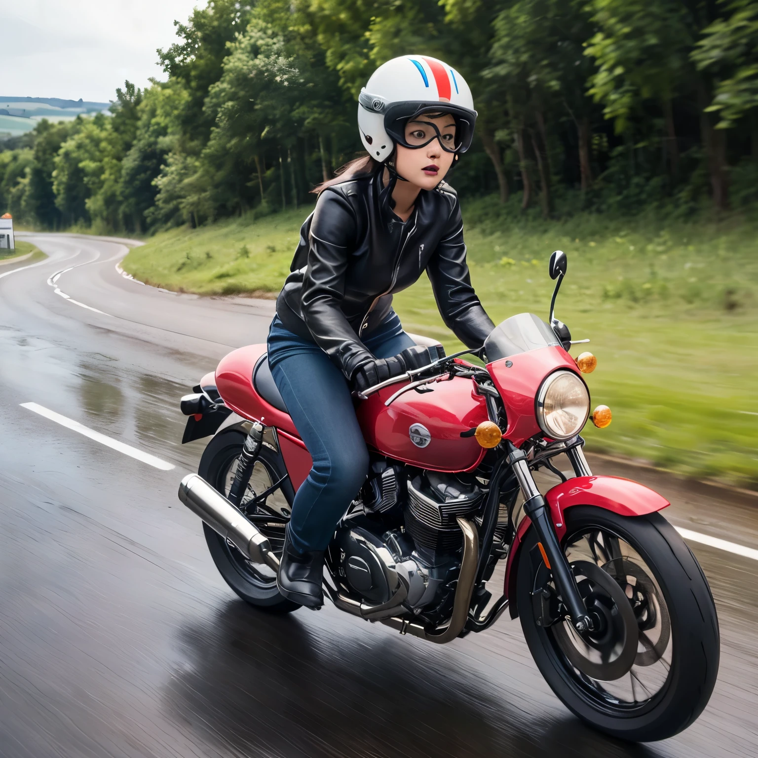 There is a woman riding a motorcycle on a wet road - SeaArt AI