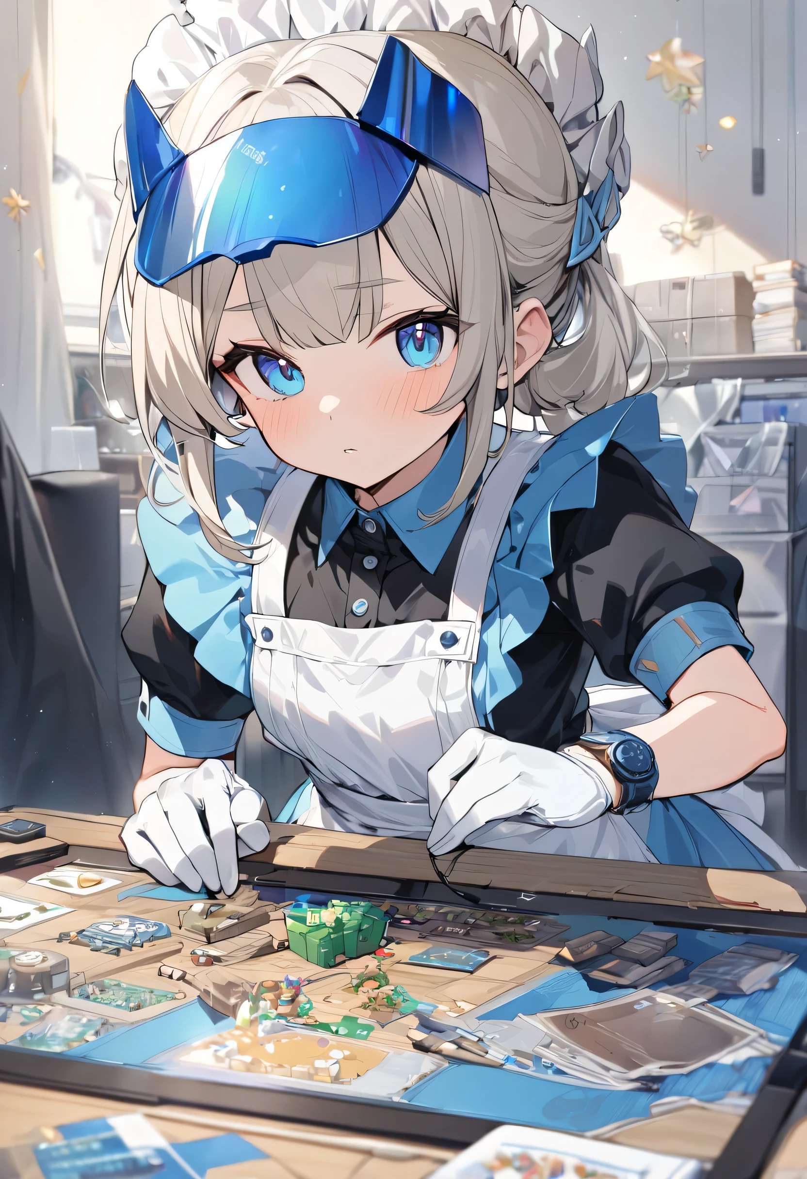 Anime character with a blue hat and apron sitting at a table - SeaArt AI