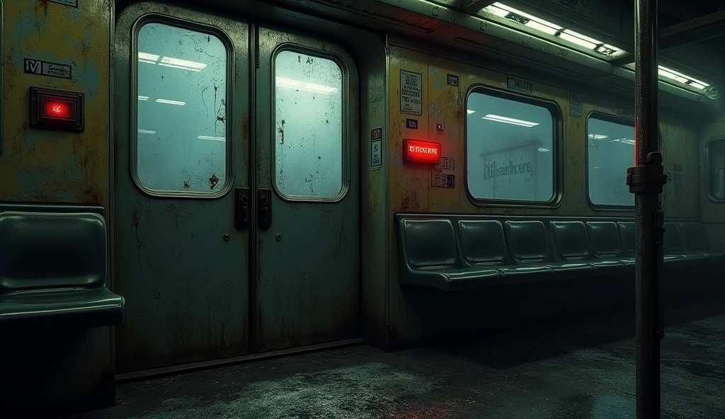 Create a detailed image of a closed pneumatic subway door on an old and ...