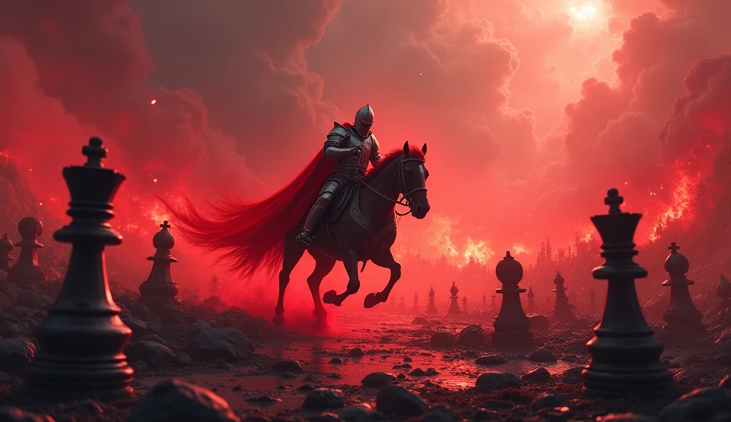 A chaotic battlefield of chess pieces, with a single, red-lit knight ...