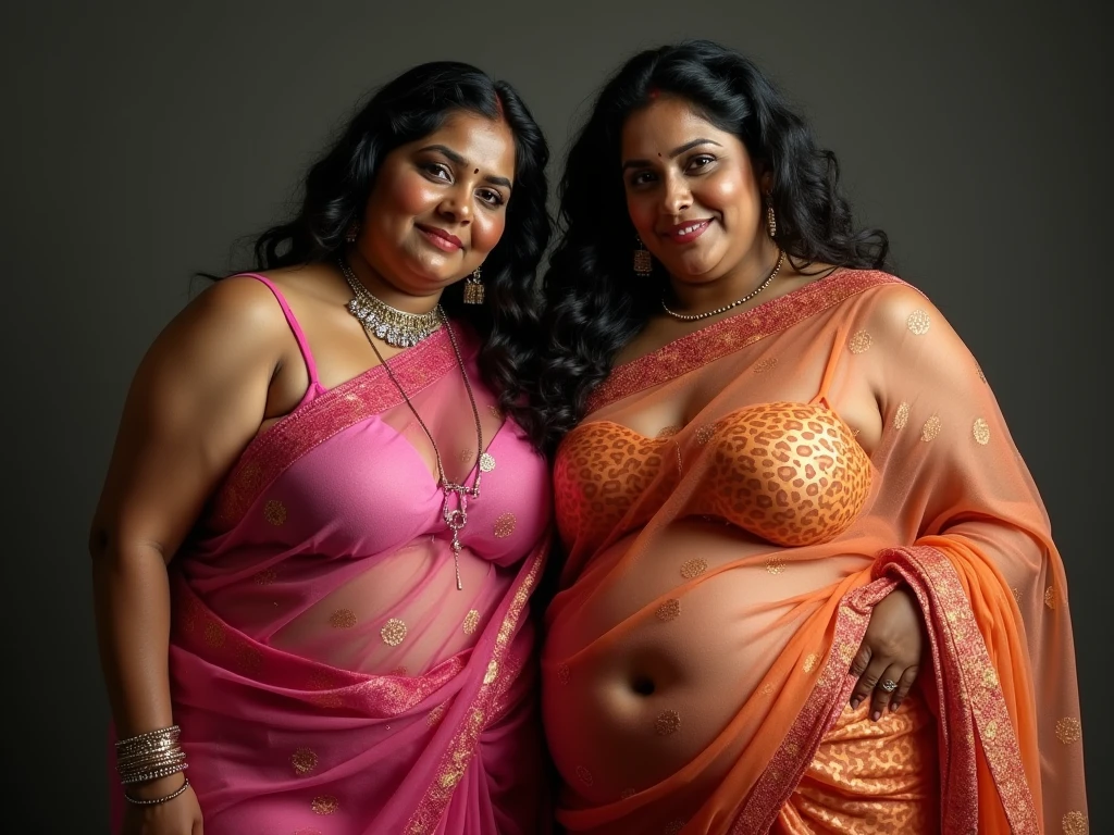 A voluptuous two sexy 40 years indian bbw seductive auntys, wearing a transparen - SeaArt AI