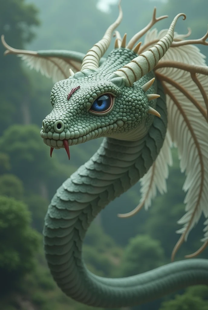 A giant flying snake, her grey-green scales shine as if they were made of metal - SeaArt AI