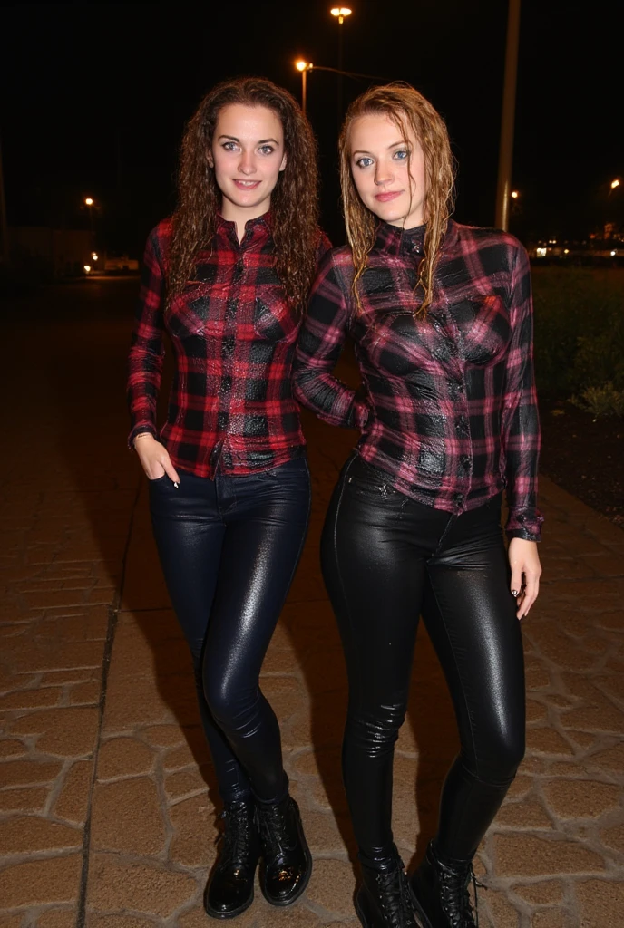 Two tall women, blue eyes, curly hair, plaid shirts, medium skinny ...