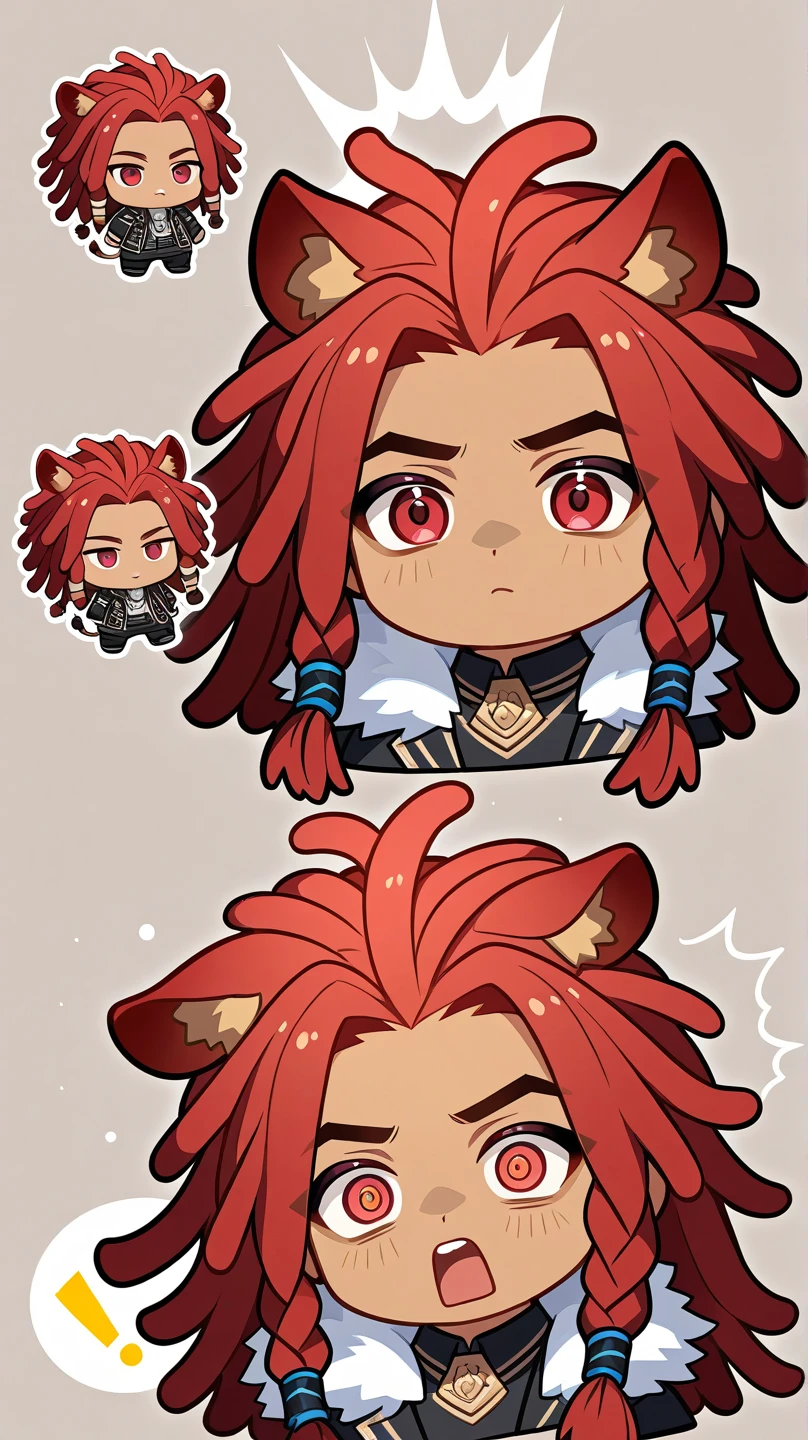 A handsome man with dreadlock-style red hair and red eyes with ears ...