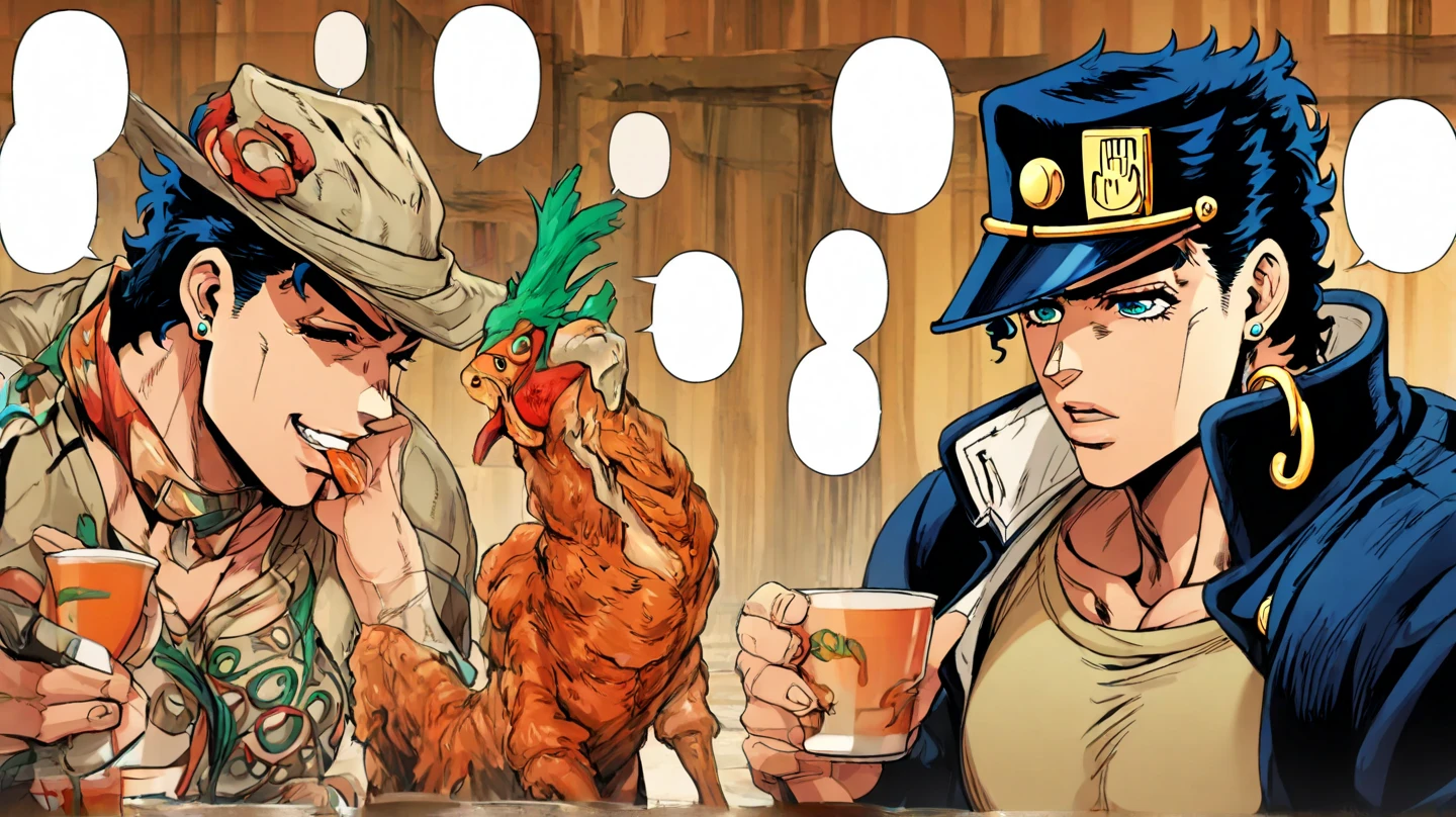 最高品質、 超詳細、 傑作、4K、空白のスピーチバブル、 ジョジョの奇妙な冒険、ジョナサン・ジョースターがスパイシーチキンを食べる、空条承太郎 ...