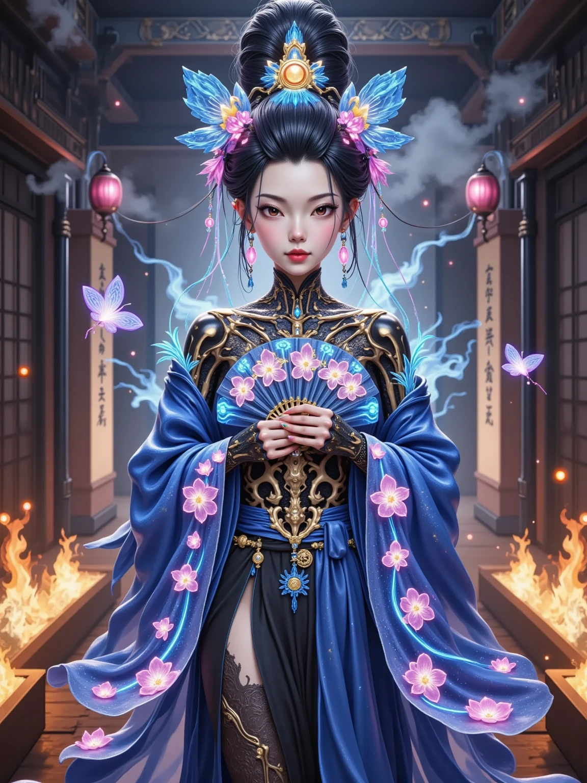 Cyberpunk steam-powered Oiran, left half-body in elaborate and gorgeous ...