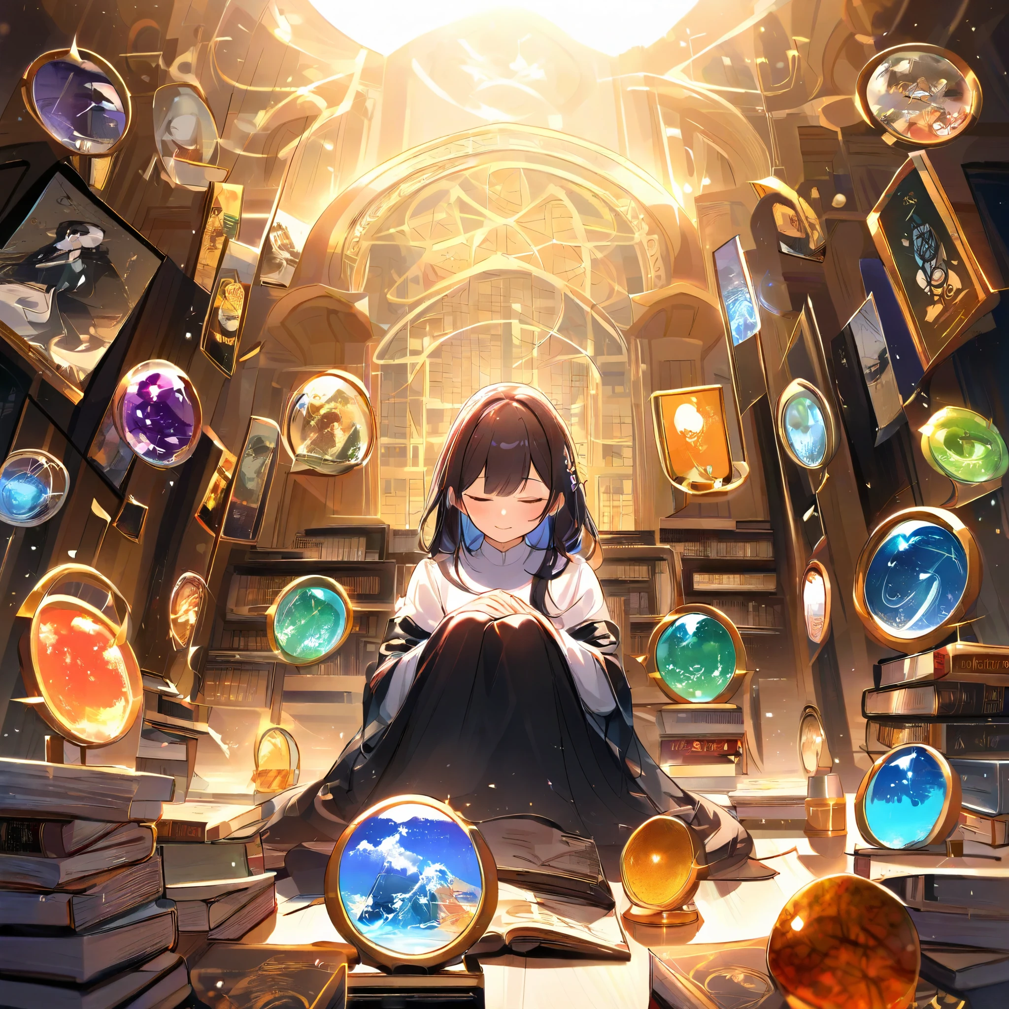 Anime girl sitting on a book in a library surrounded by books - SeaArt AI