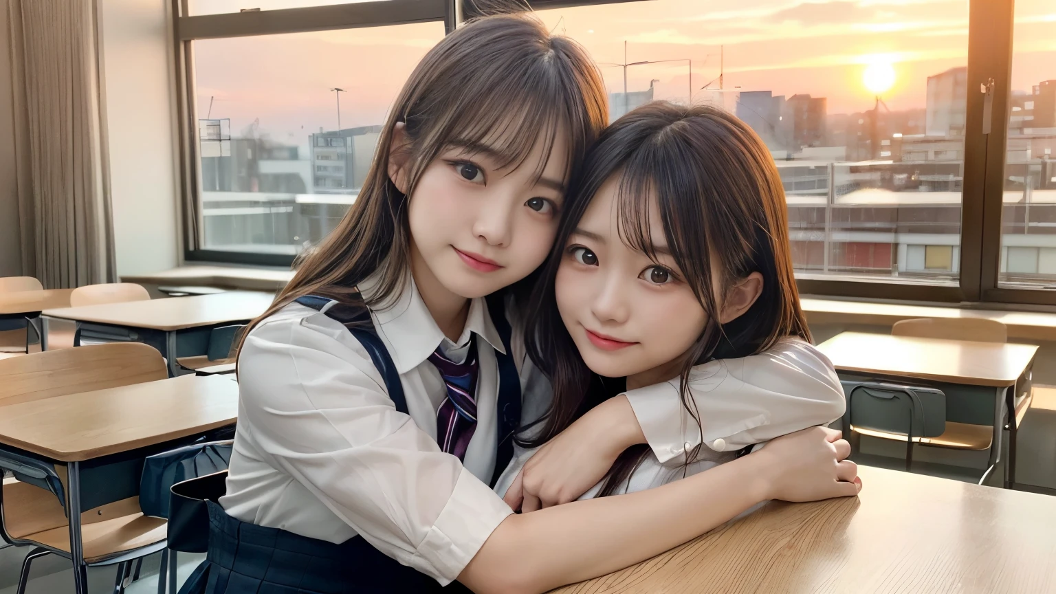 Two young girls are hugging each other in a classroom - SeaArt AI