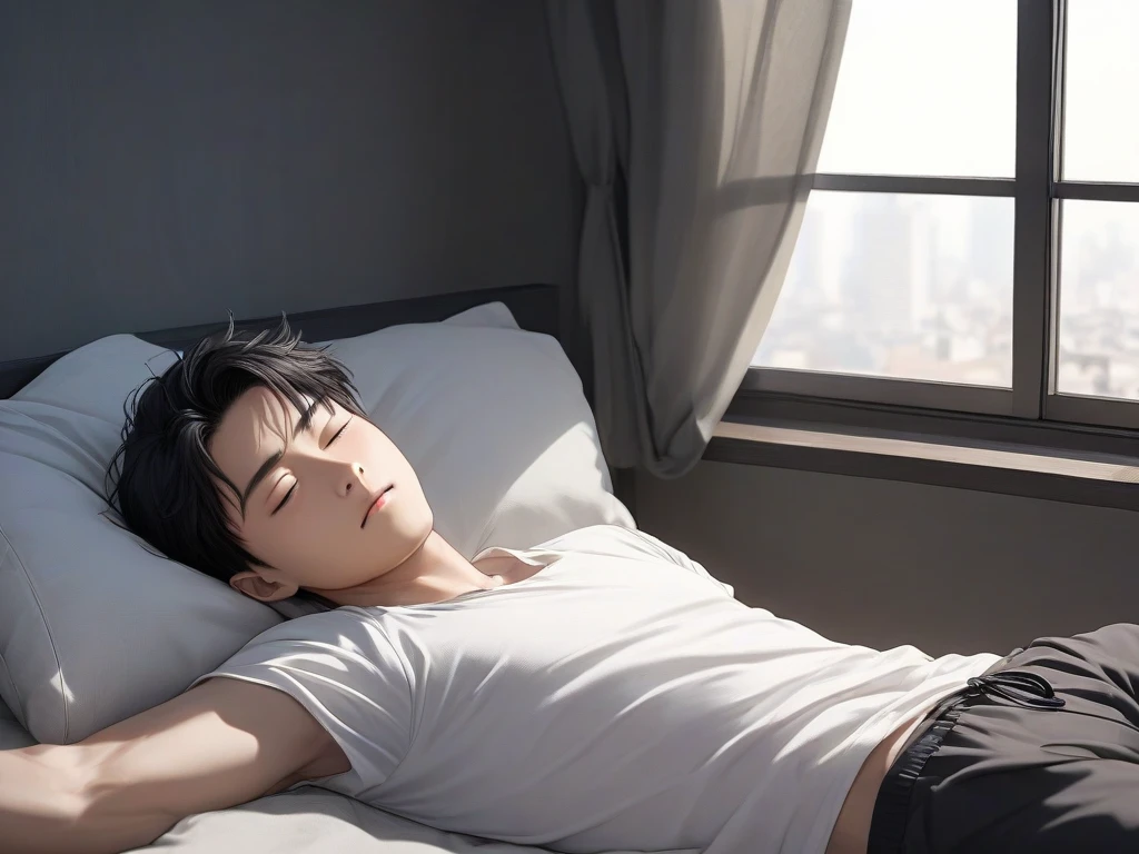 Create an anime image A lean handsome skinless korean man wearing a ...