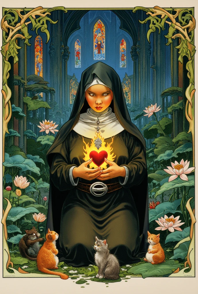 An Art Nouveau-inspired depiction of a Benedictine sister, dressed in ...