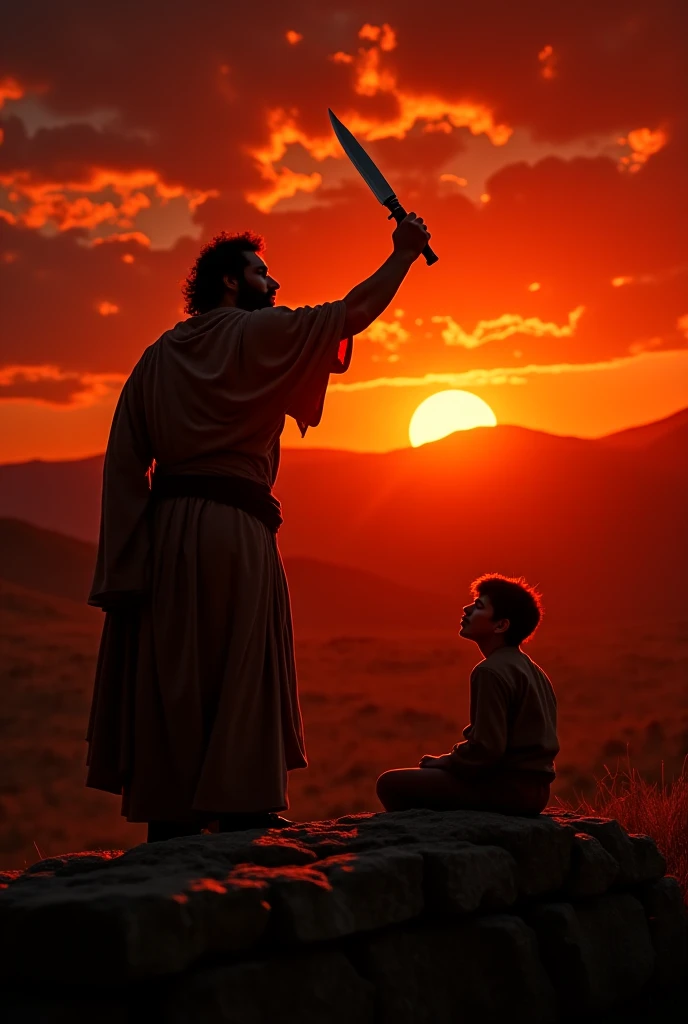 A tense scene unfolds as Abraham, a bearded man in ancient robes ...