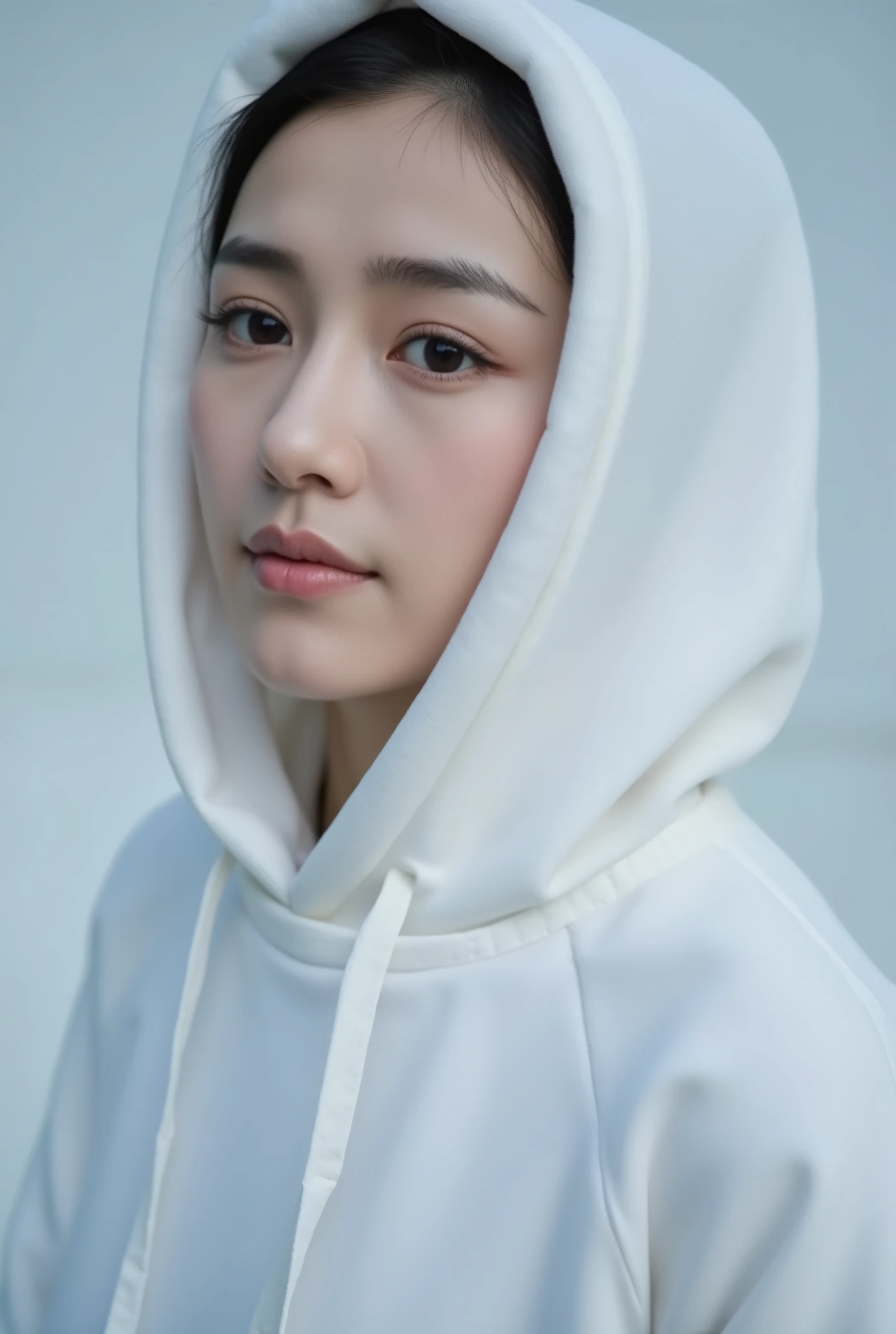 Arafed woman in a white hoodie looking at the camera - SeaArt AI