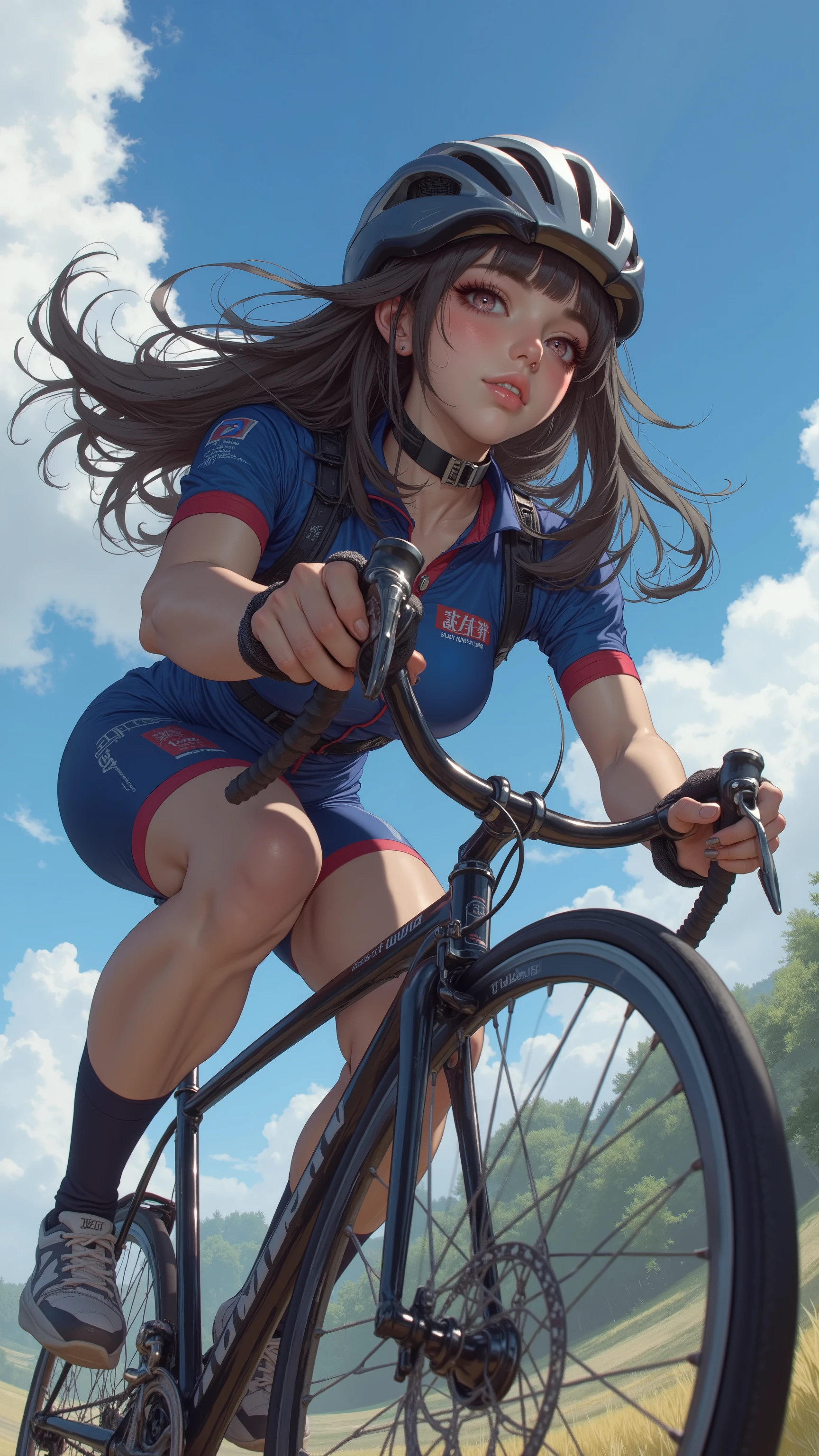 Anime girl riding a bike with a helmet on and a cell phone in her hand ...