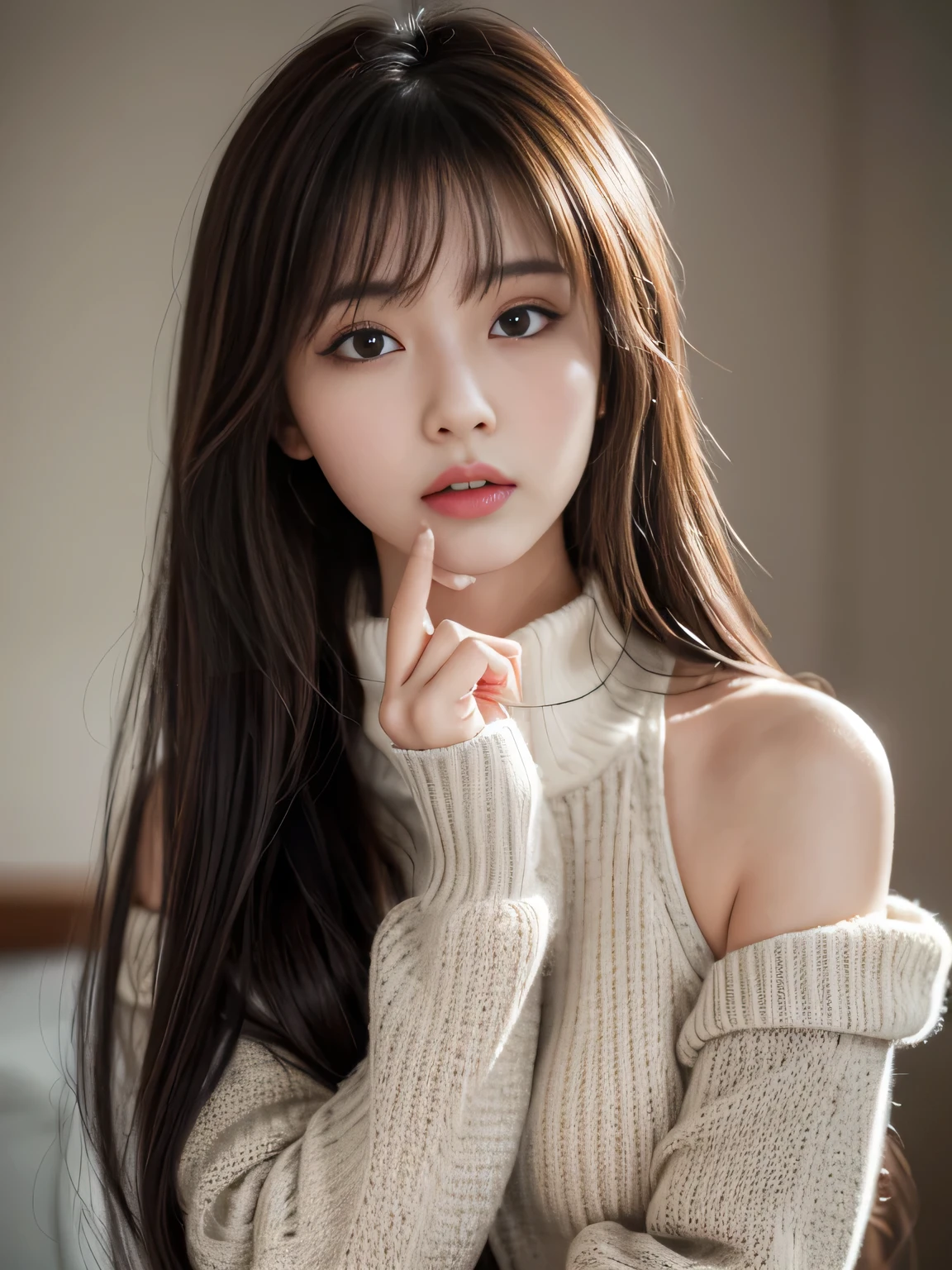 A close up of a woman with long hair wearing a sweater - SeaArt AI