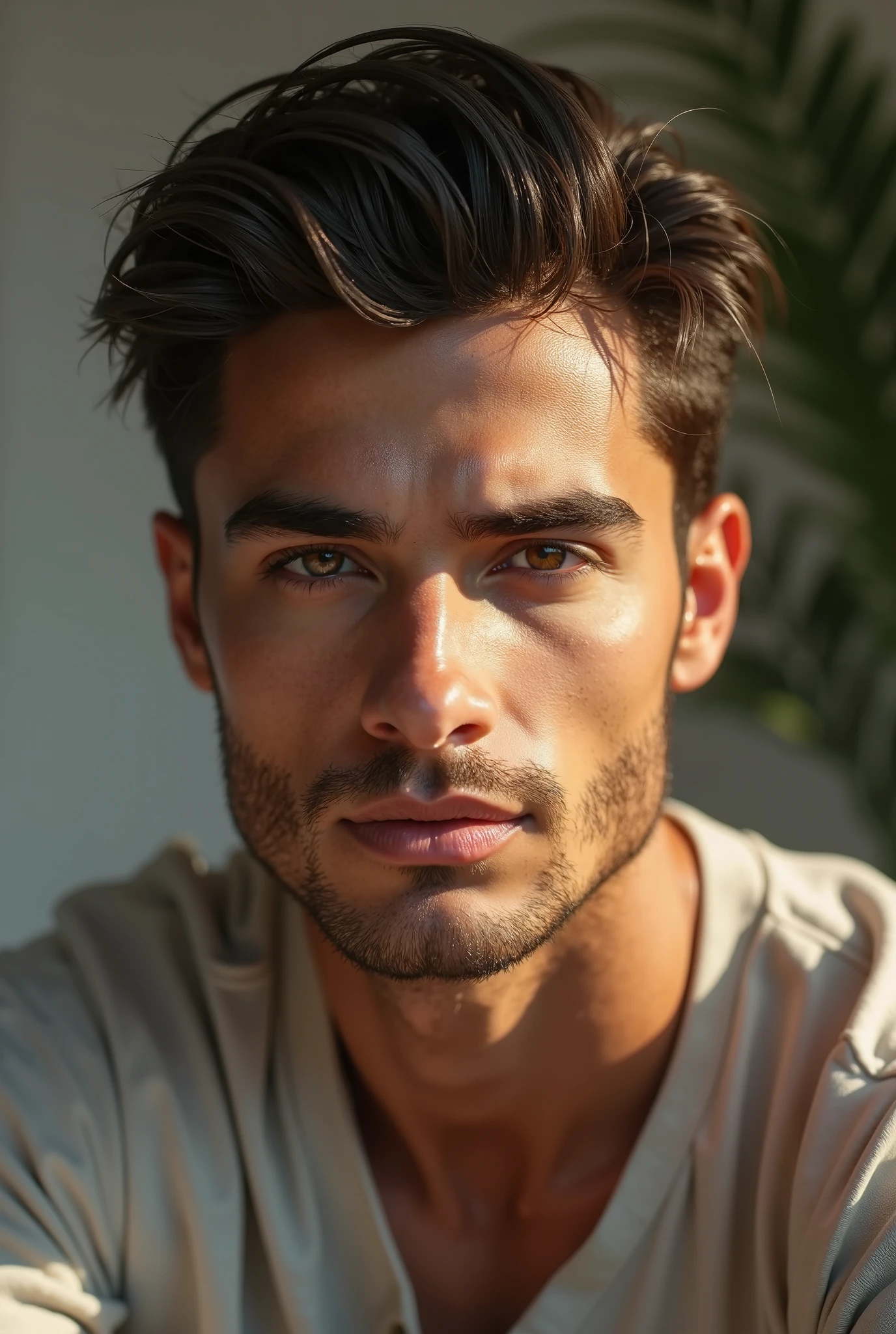 Arafed man with a beard and a tan shirt looking at the camera - SeaArt AI