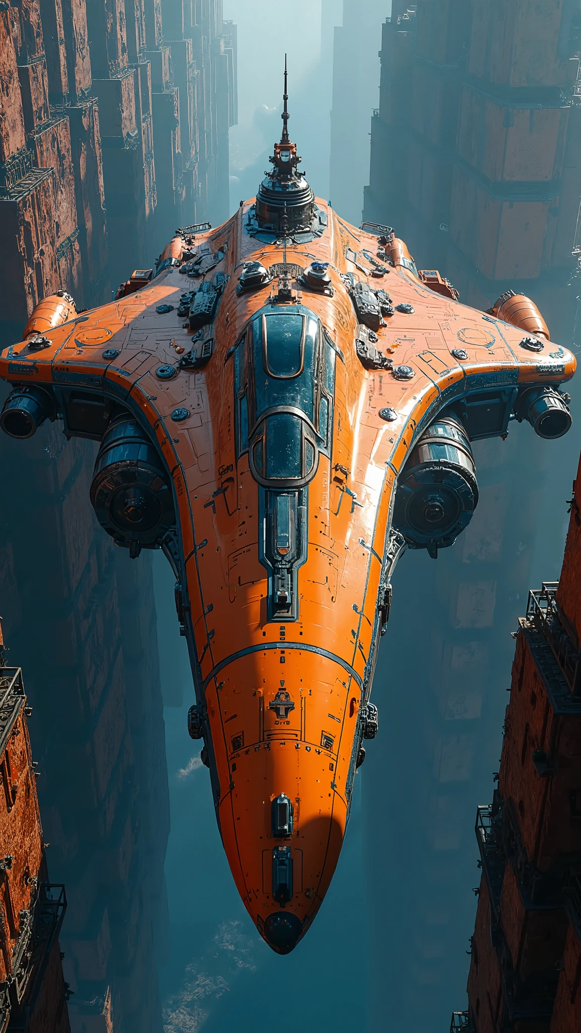 Spaceship flying over a city with tall buildings in the background ...