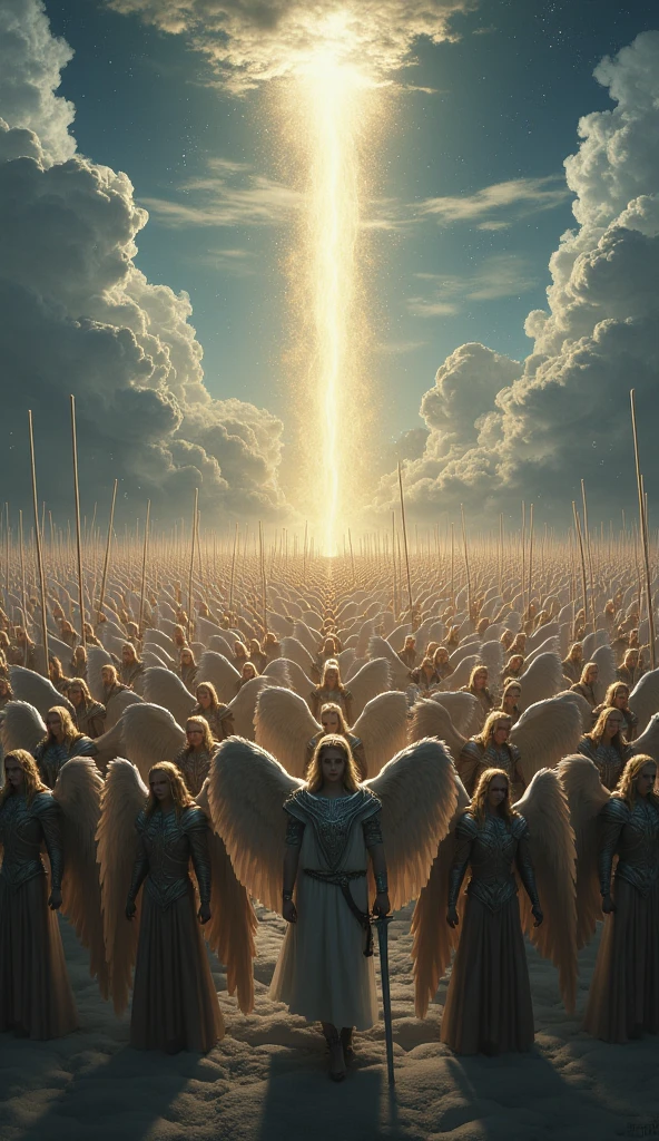 A legion of 1000 angels men in heaven fighters with swords in their ...